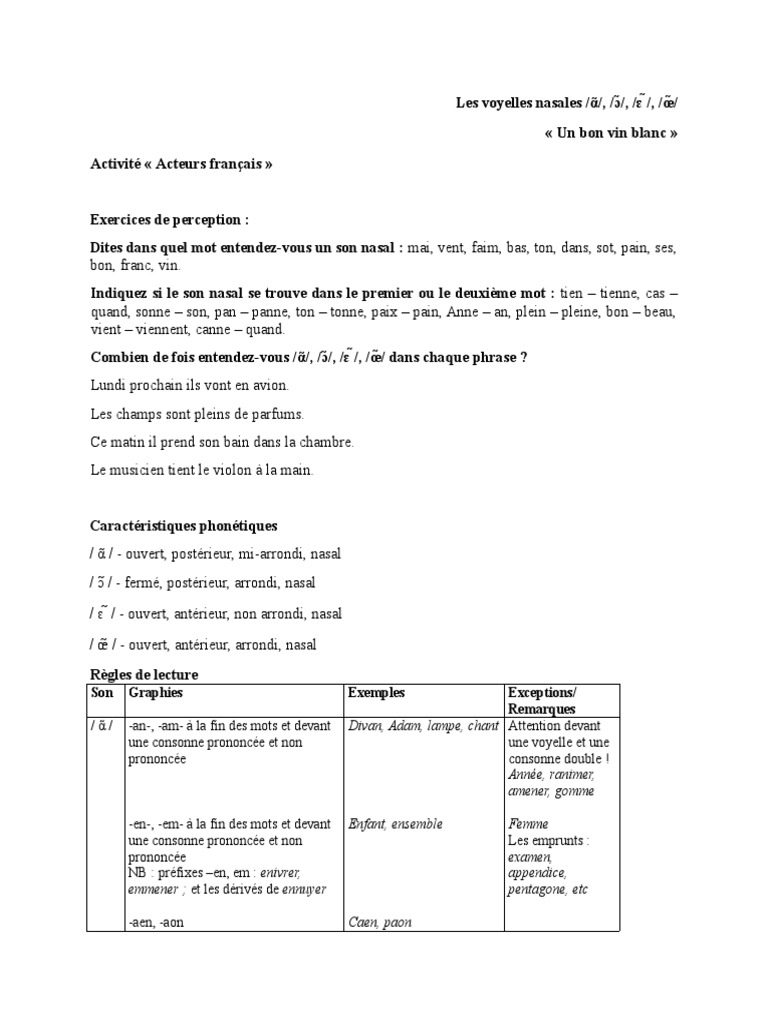 Exercices sur les voyelles nasales | PDF | Phonétique | Linguistique