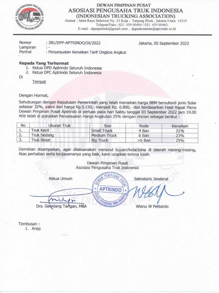 Surat 281 Penyesuaian Kenaikan Tarif Ongkos Angkut001 | PDF