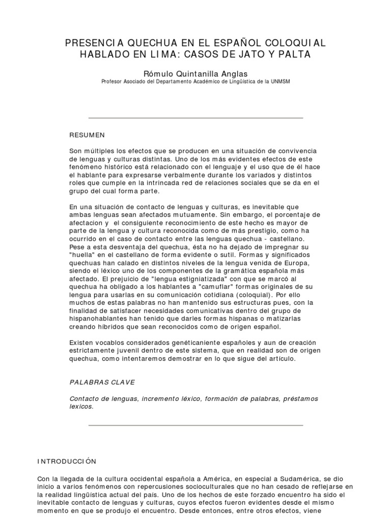 Presencia Quechua en el Español Limeño | PDF | Lengua española | Palabra