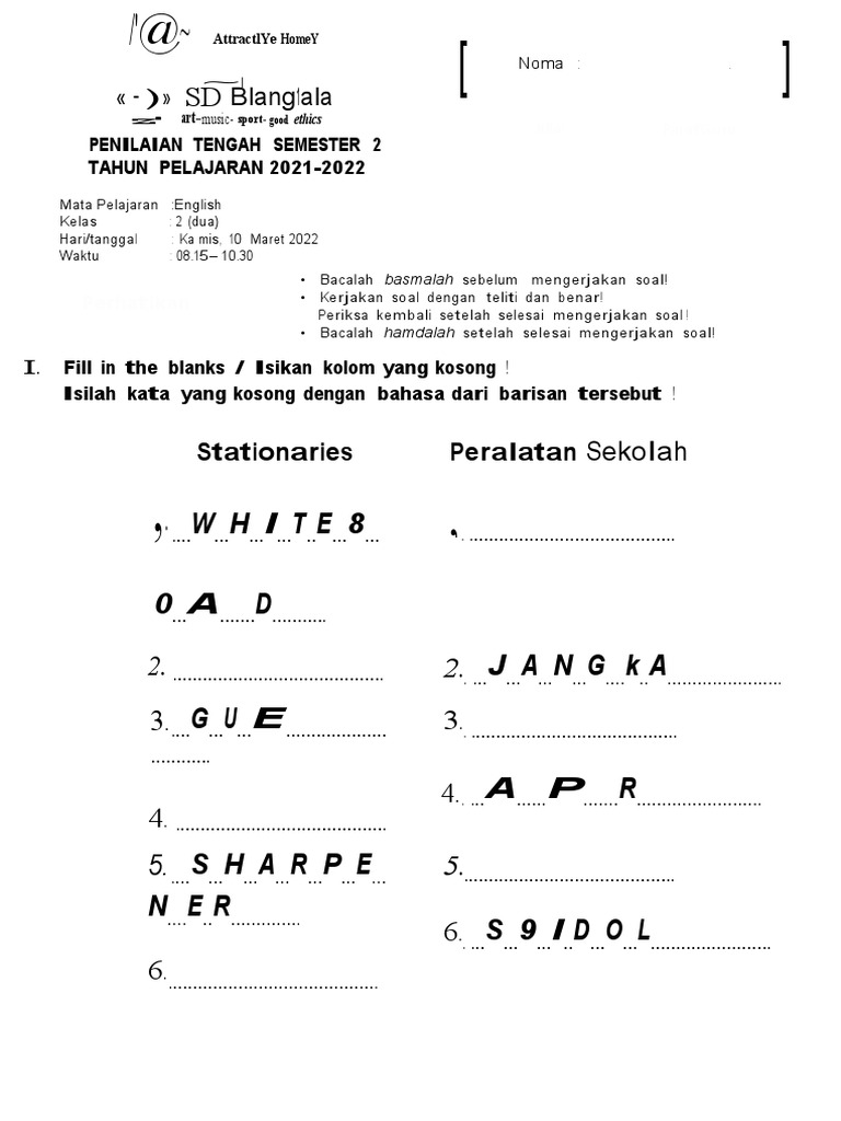 PTS English Kelas 2 Semester 2 2021-2022 | PDF