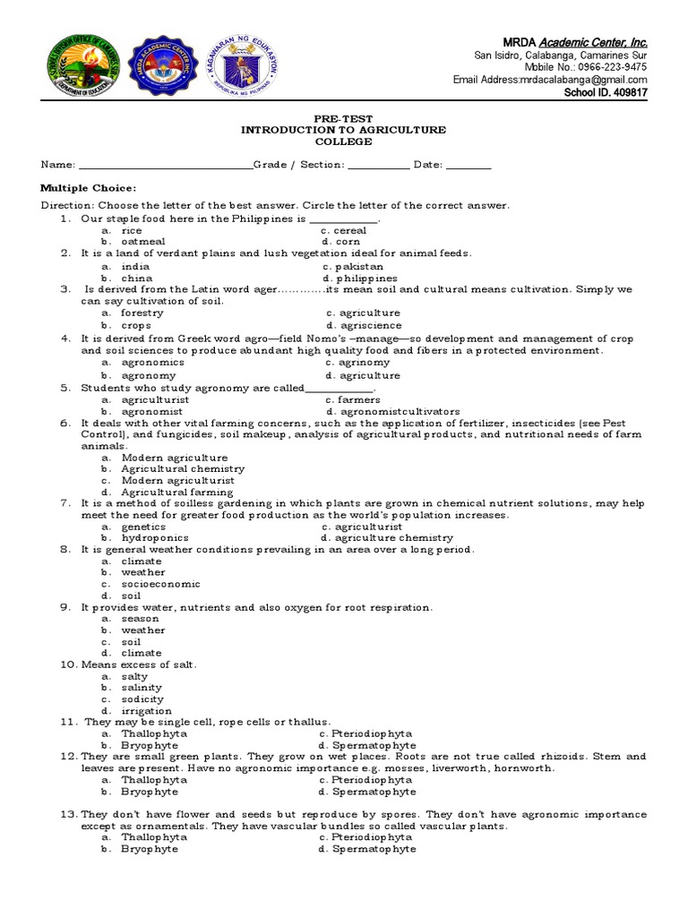 Agriculture Pre-Test Questions | PDF | Fertilizer | Legume