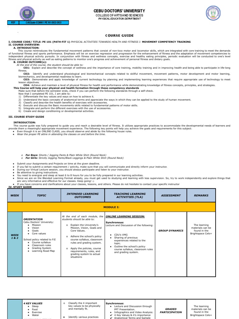 Pe 101 Course Guide Sy 2022 2023 | PDF | Anatomical Terms Of Motion | Learning