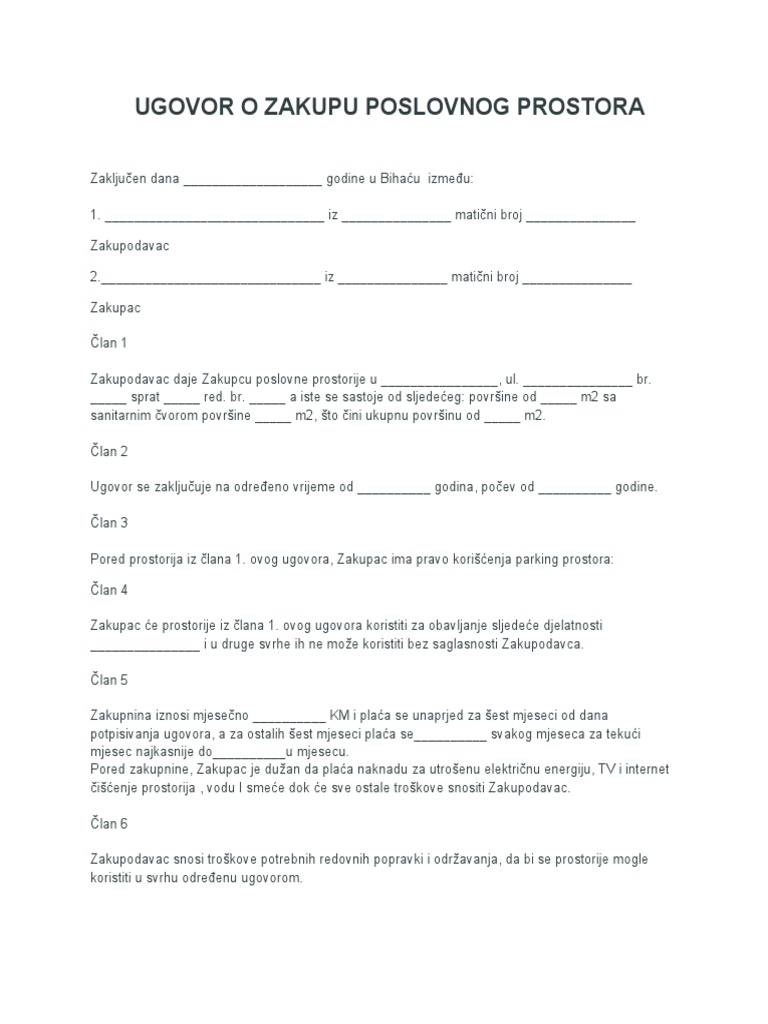 Ugovor o Zakupu Poslovnog Prostora | PDF