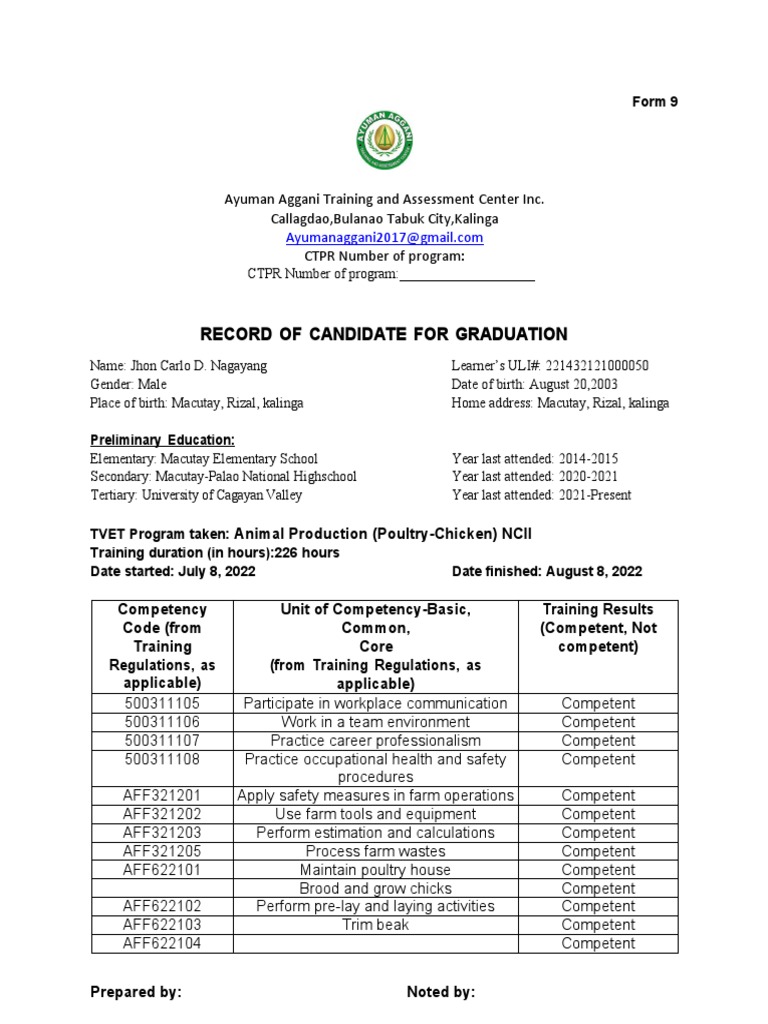 Record of Candidate For Graduation: Form 9 | PDF