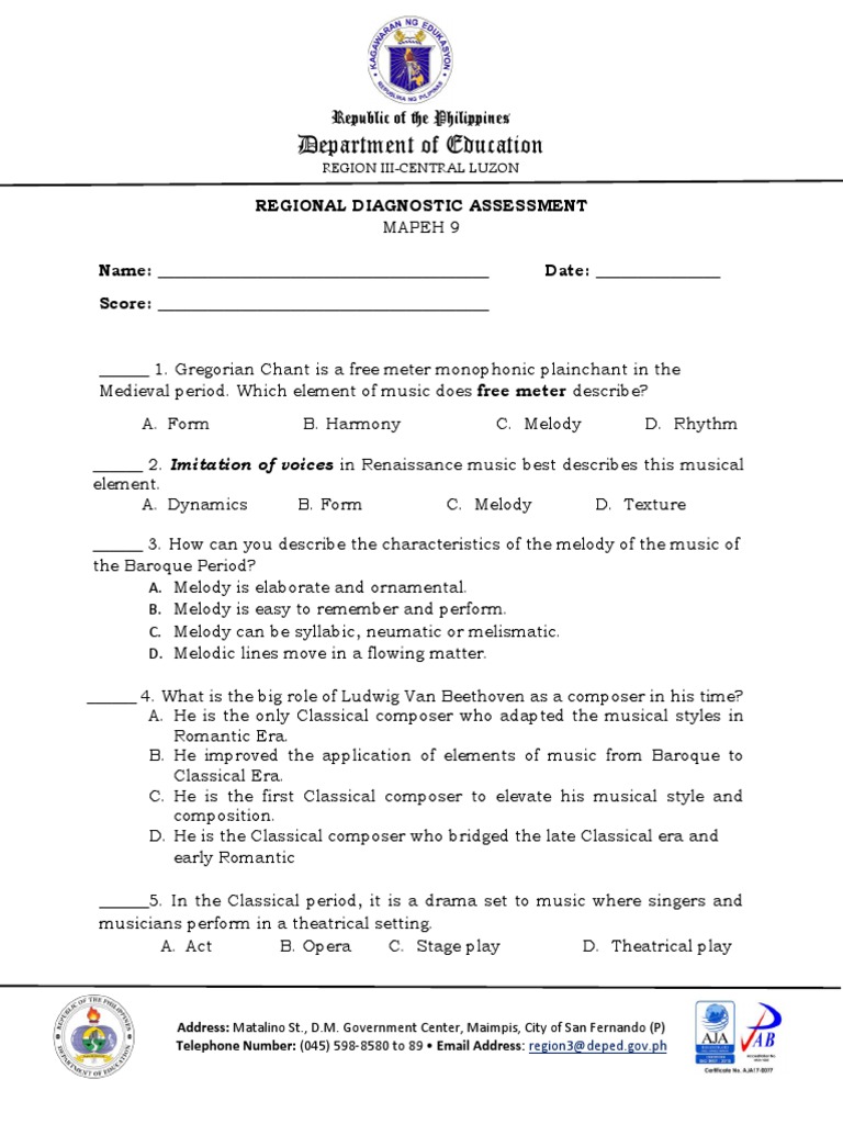 Regional Diagnostic Test For MAPEH 9 60 Items FINAL | PDF | Classical ...
