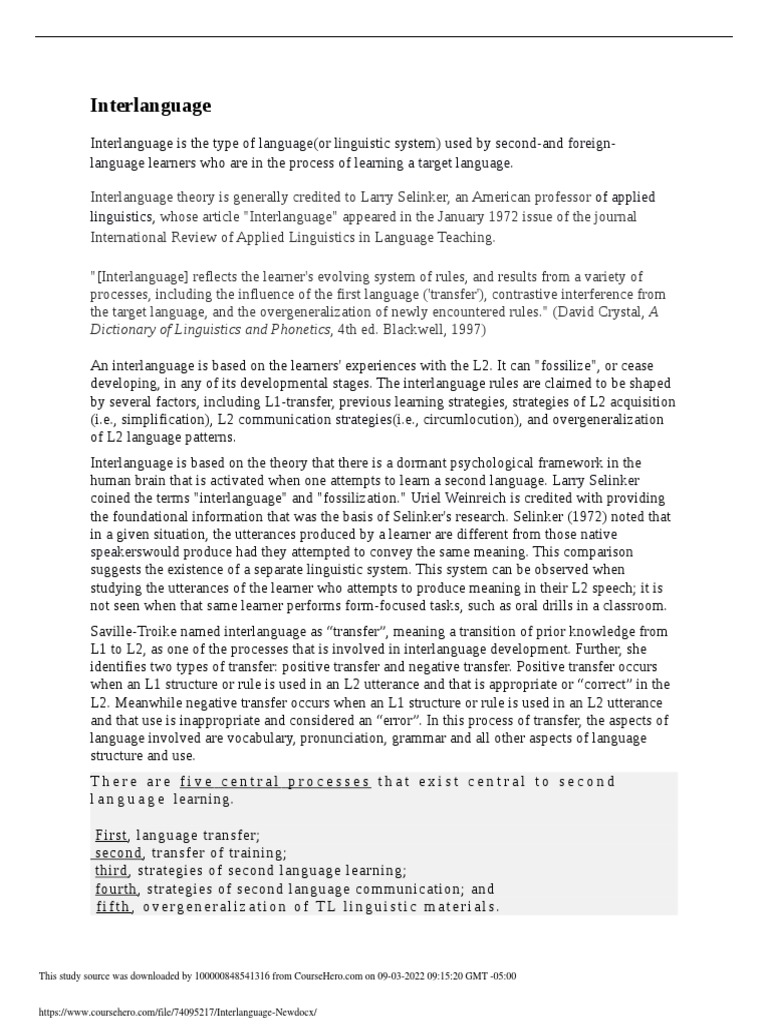 Interlanguage | PDF | Second Language | Second Language Acquisition