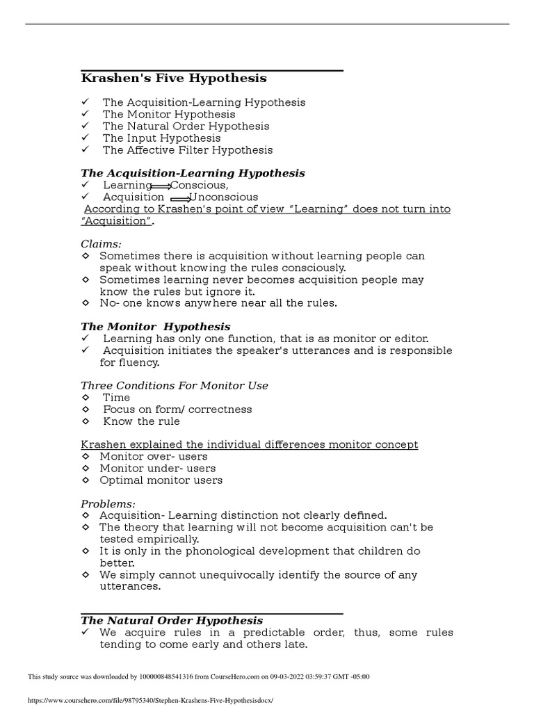 Krashen's Five Language Hypotheses | PDF | Language Acquisition ...