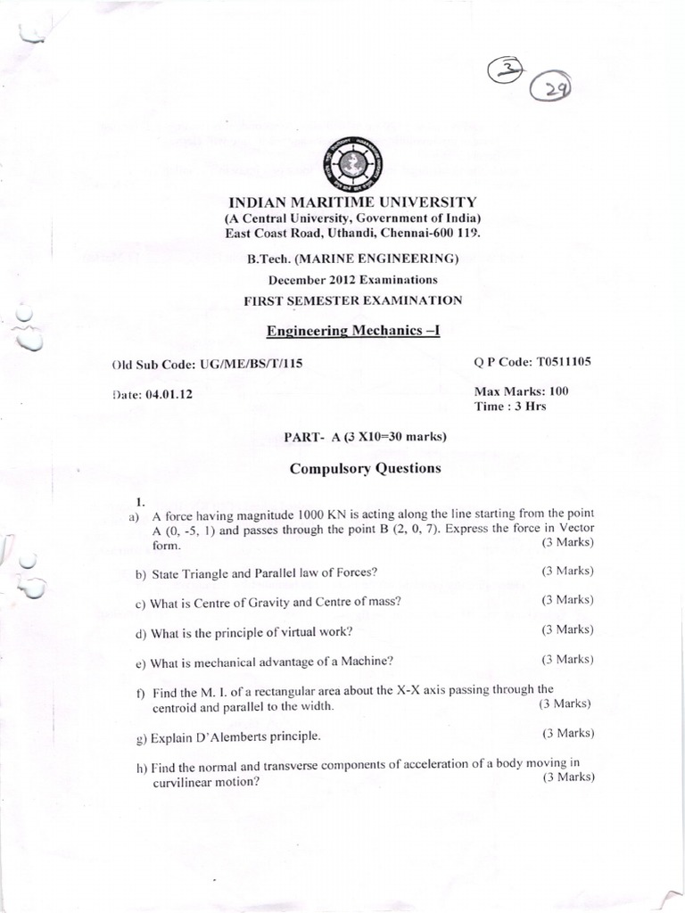 Engineering Mechanics Exam for First Semester B.Tech. Students in ...