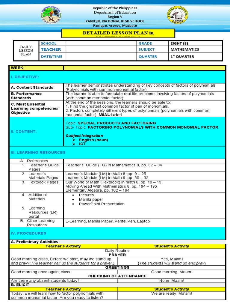 Lesson Plan (Common Monomial Factor) | PDF | Factorization | Polynomial