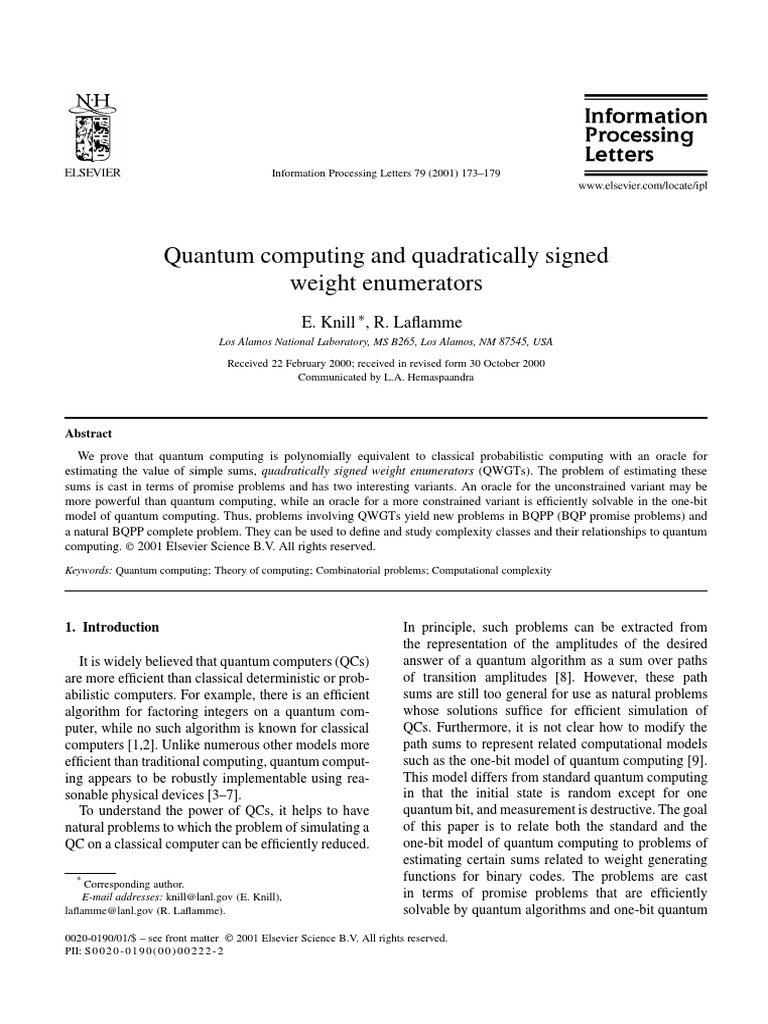 Quantum Computing and Quadratically Signed Weight Enumerators (Information Processing Letters ...