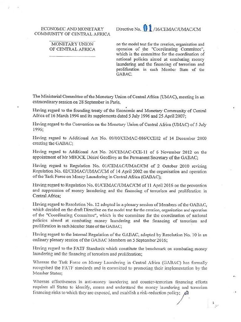 Directive No01 CEMAC UMAC CM On Model Text | PDF