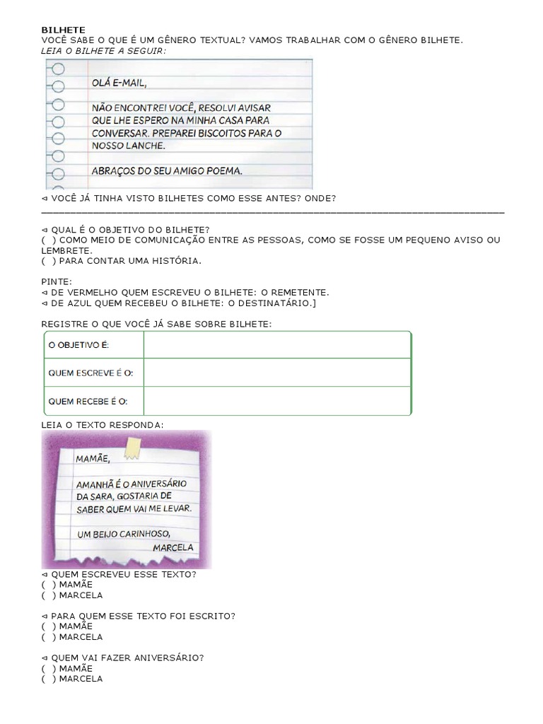 BILHETE | PDF | Chapeuzinho Vermelho