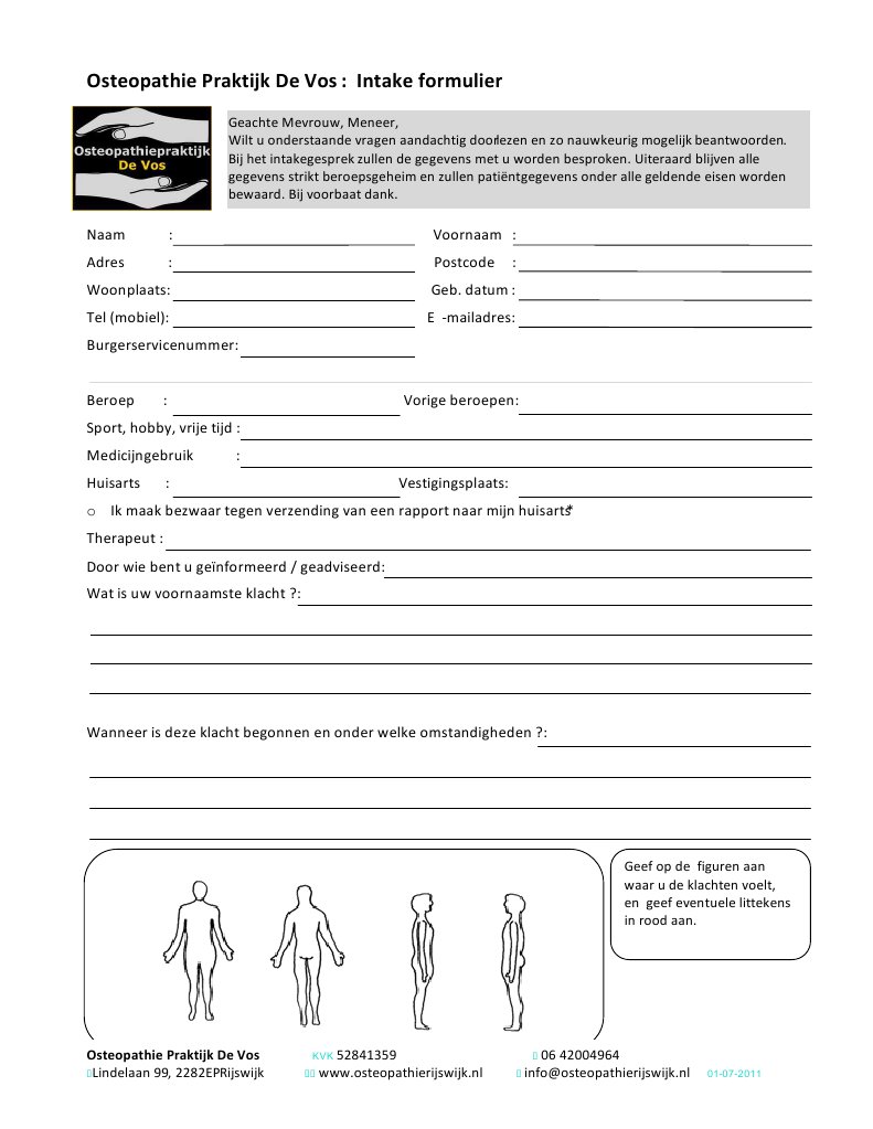 Intake Formulier Osteopathie Praktijk de Vos | PDF