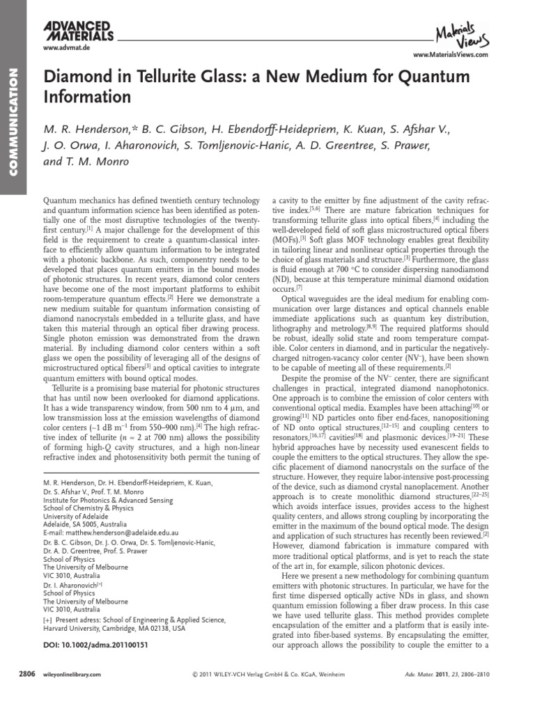 Diamond in Tellurite Glass - A New Medium For Quantum Information ...