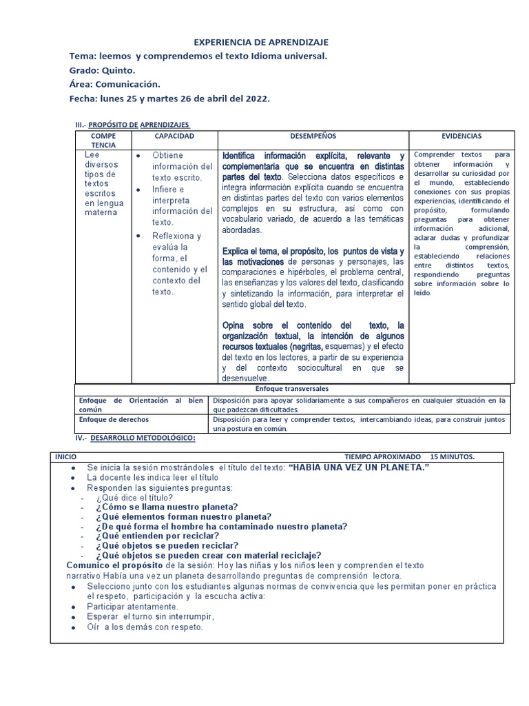 Experiencia de Aprendizaje Leemos y Comprendemos El Texto Idioma Universal. | PDF | Aprendizaje ...