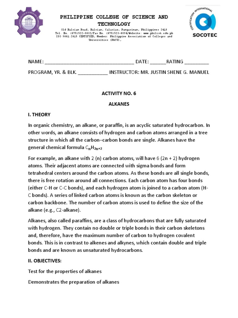 ACTIVITY 6 ORGANIC CHEM New | PDF | Alkane | Alkene