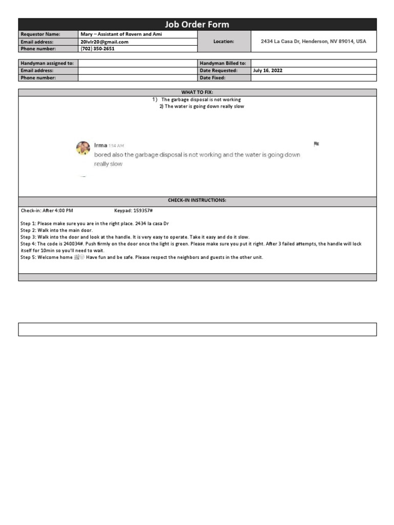 Job Order Form - La Casa | PDF