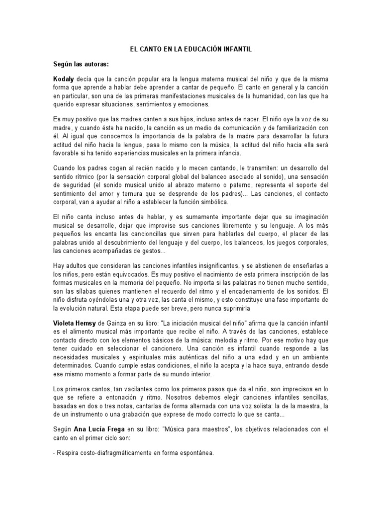 EL CANTO EN LA EDUCACIÓN INFANTIL IMPORTANCIA (1) | PDF | Canciones ...
