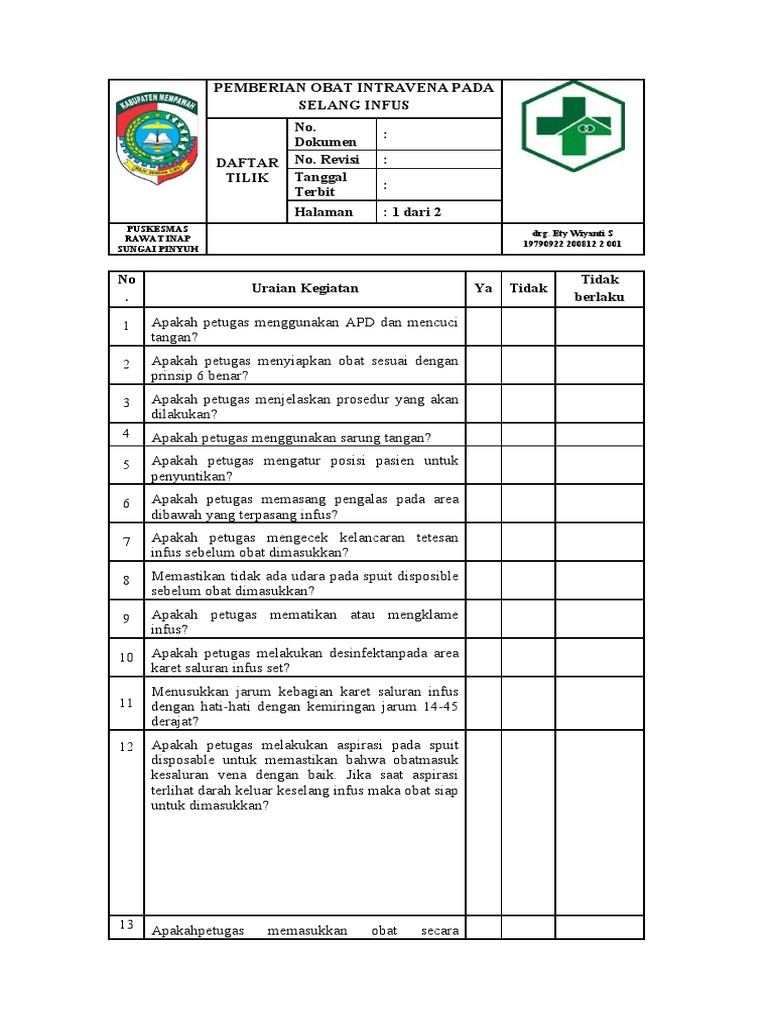Daftar Tilik Sop Pemberian Obat IV Pada Selang Infus 2022 | PDF