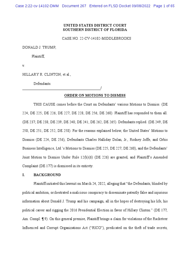 Trump v. Clinton - Dismissal - Judge Middlebrooks - September 2022 ...