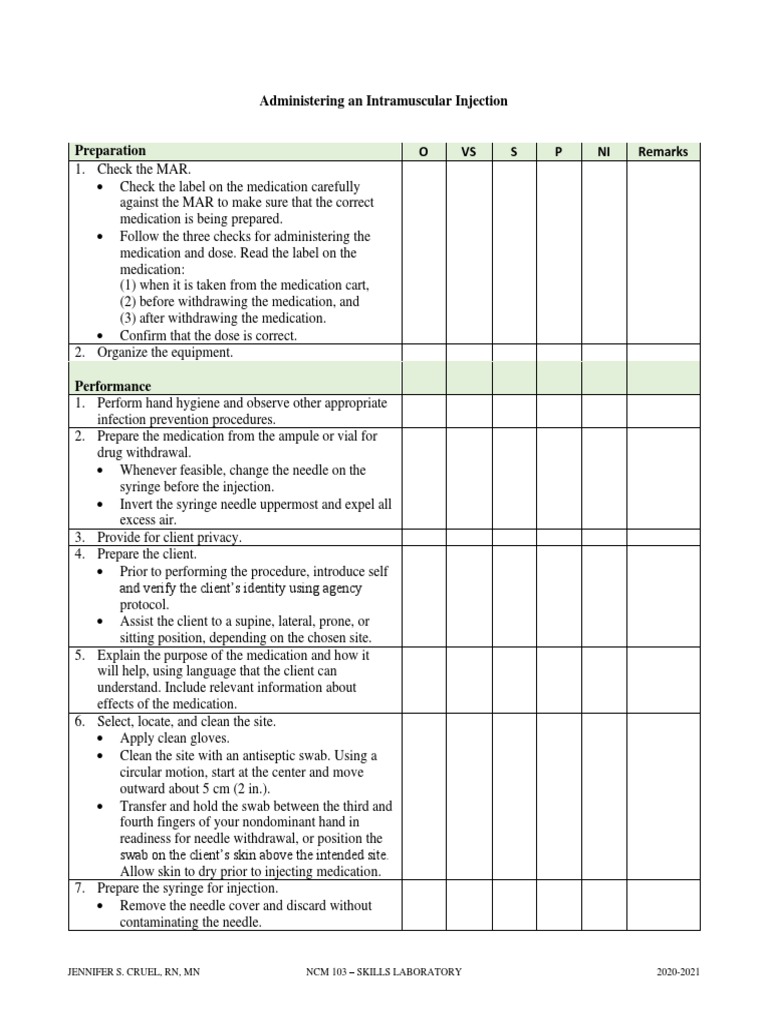 Nursing Skills: IM Injection Guide | PDF | Injection (Medicine) | Syringe