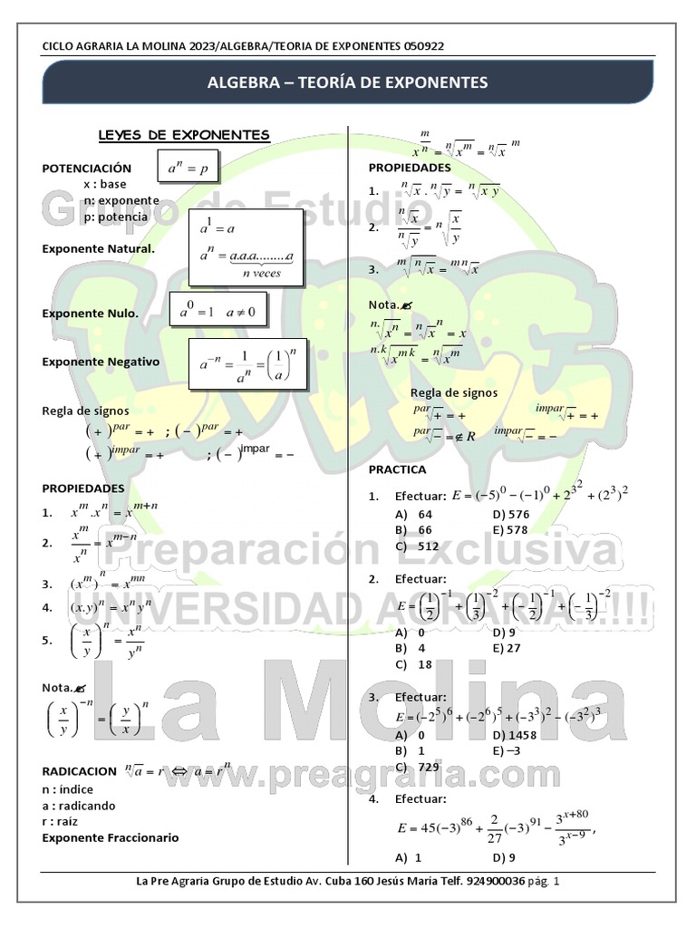 Algebra Leyes de Exponentes 050922 | PDF | Métodos y materiales de ...
