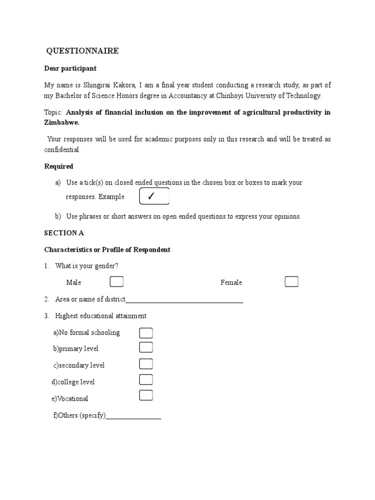 Questionnaire For Financial Inclusion | PDF | Loans | Credit
