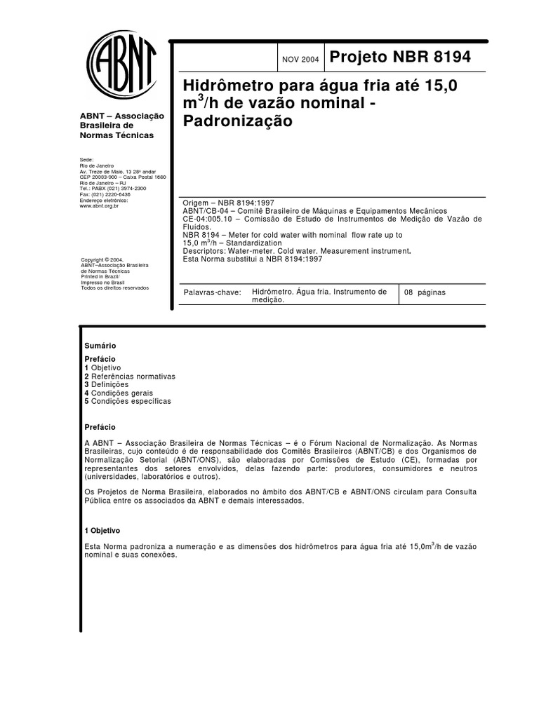 NBR 8194 - Hidrometro para Água Fria Até 15 M H de Vazão Nominal | PDF ...