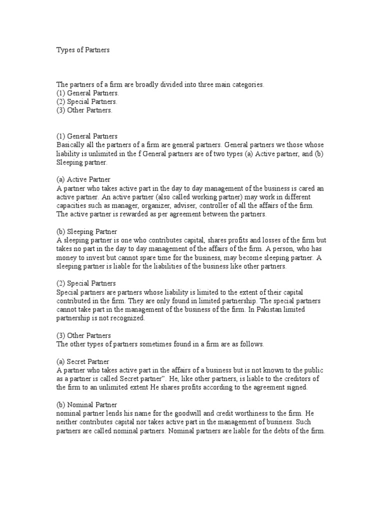 Types of Partners | PDF | General Partnership | Partnership