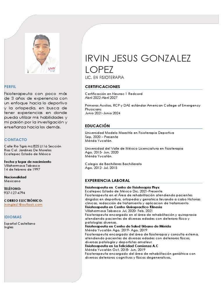 Curriculum Vitae Irvin Gonzalez Lopez | PDF | Terapia física | Ciencias de la Salud