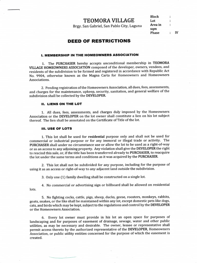 Deed of Restriction | PDF | Easement