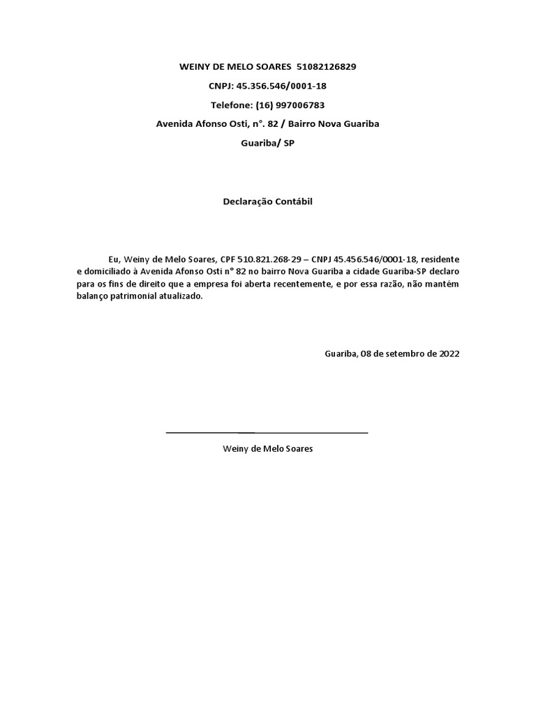 Declaração Contábil de Weiny Soares | PDF
