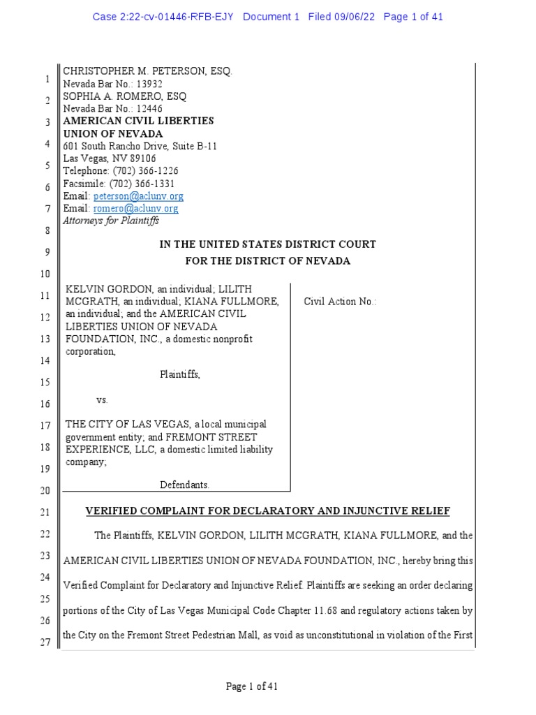 Kelvin Gordon v. City of Las Vegas (ACLU of Nevada) (2022) | PDF ...