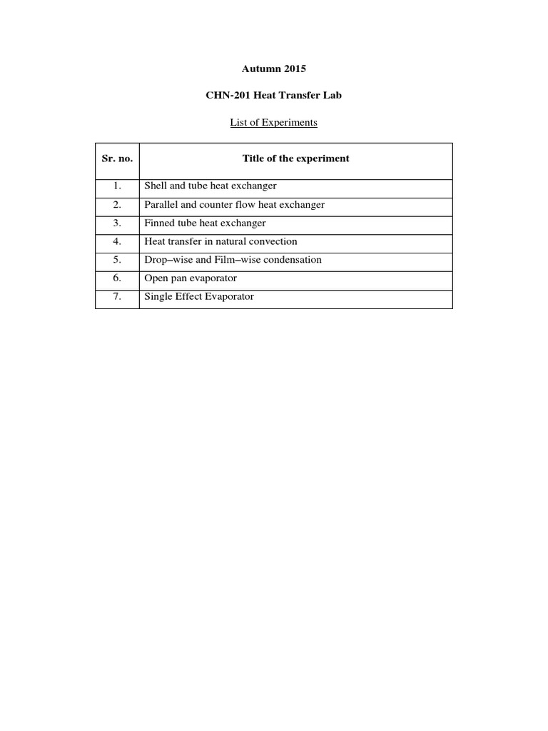 CHN-201 Heat Transfer Lab Experiments | PDF | Heat Exchanger | Heat ...
