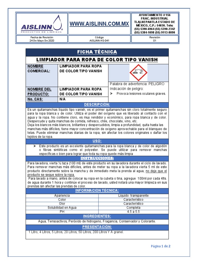Limpiador Ropa Color Sin Cloro | PDF | Agua | Sustancias químicas