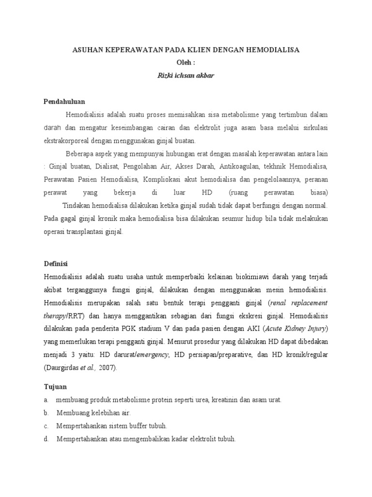 Asuhan Keperawatan Pada Klien Dengan Hemodialisa by Rizki Ichsan Akbar | PDF