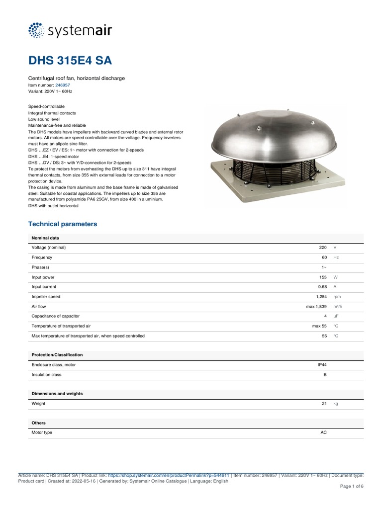 Systemair DHS 315E4 SA | PDF | Electric Motor | Capacitor