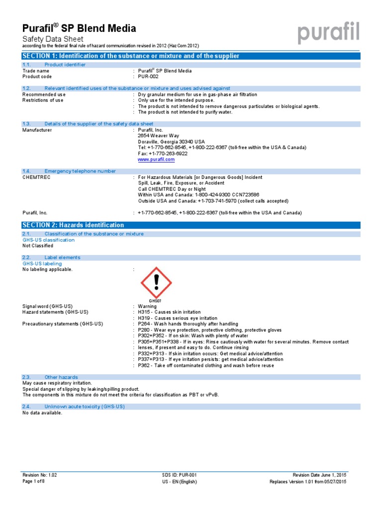 Purafil SP Blend Media SDS GHS v1.01 | PDF | Dangerous Goods | Toxicity