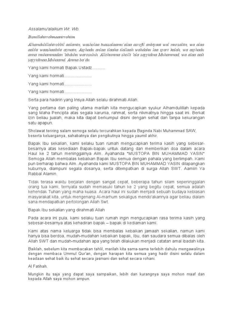 Sambutan Haul 2 Tahun Alm. Mustopa | PDF