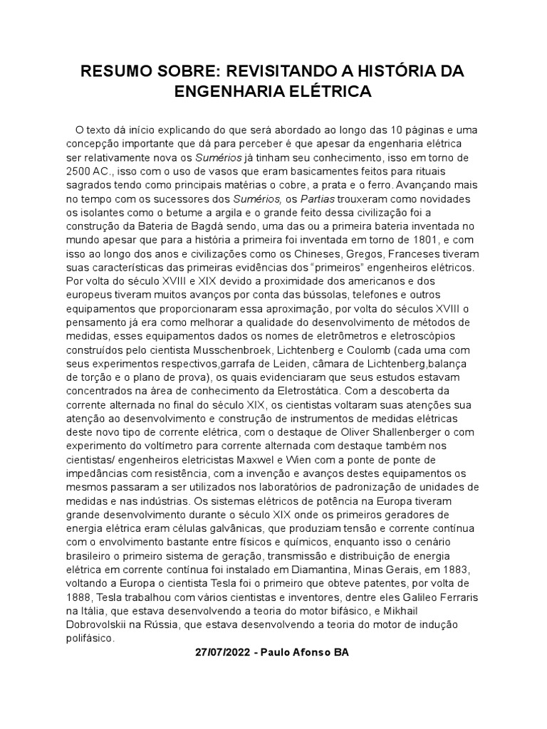 Resumo Sobre Revisitando A História Da Engenharia Elétrica Pdf