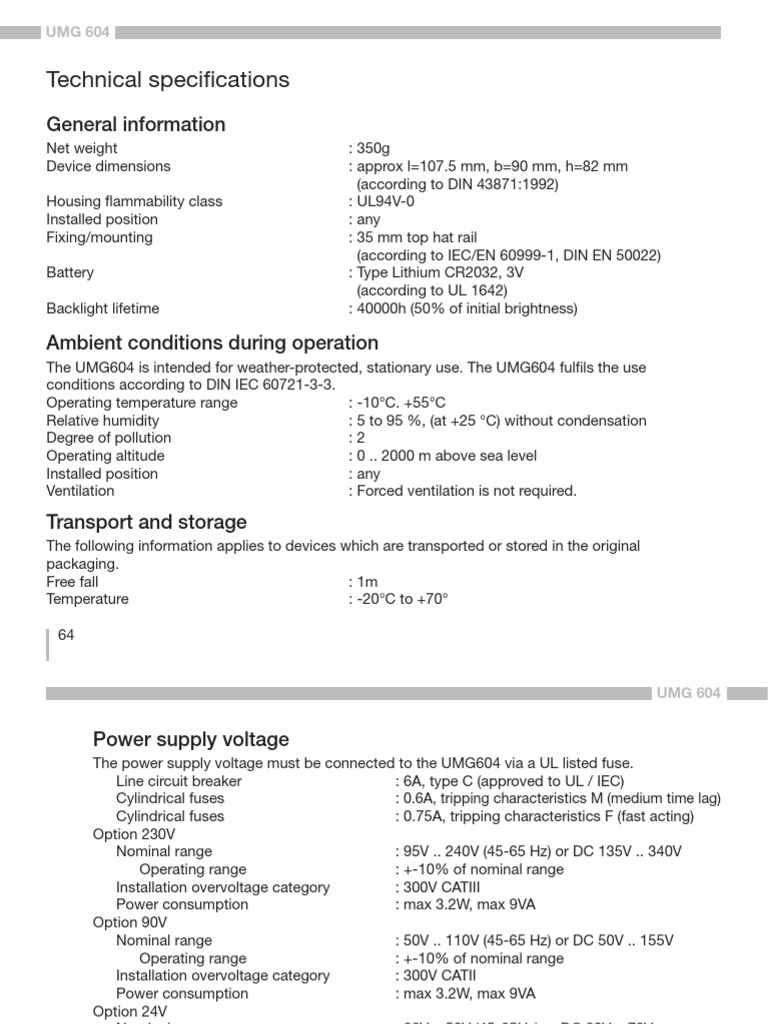 Janitza-Especificaciones Técnicas-UMG604 | PDF | Fuse (Electrical) | Mains Electricity