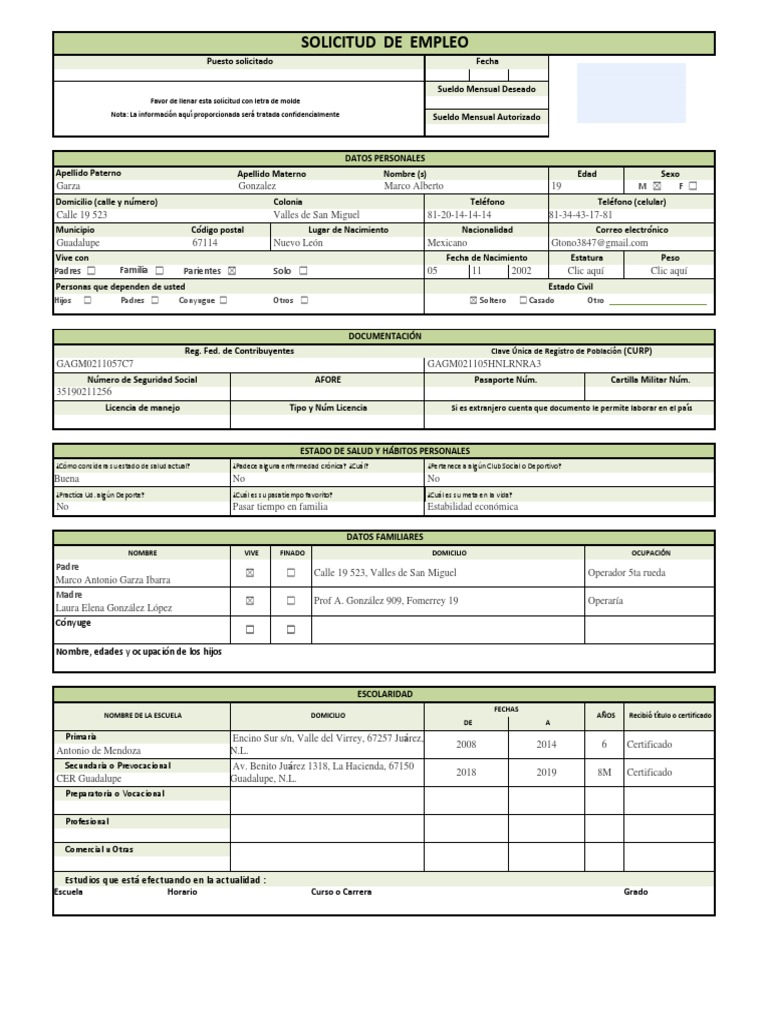 Formato de Solicitud de Empleo Word 1 | PDF