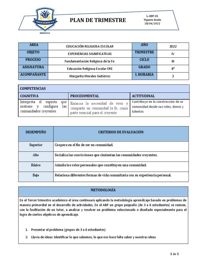 8°-Plan Trimestral-Iii Año 2022 | PDF | Aprendizaje | Modificación de ...