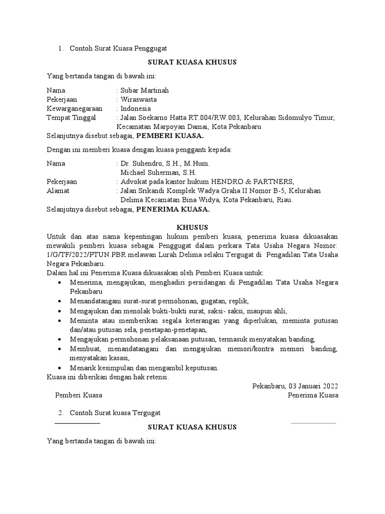 Contoh Surat Kuasa Khusus PTUN | PDF