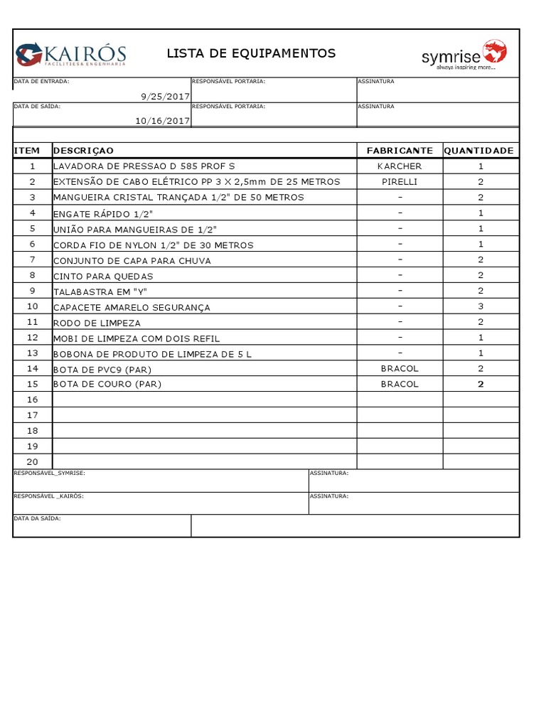 Registro de equipamentos emprestados para limpeza externa | PDF