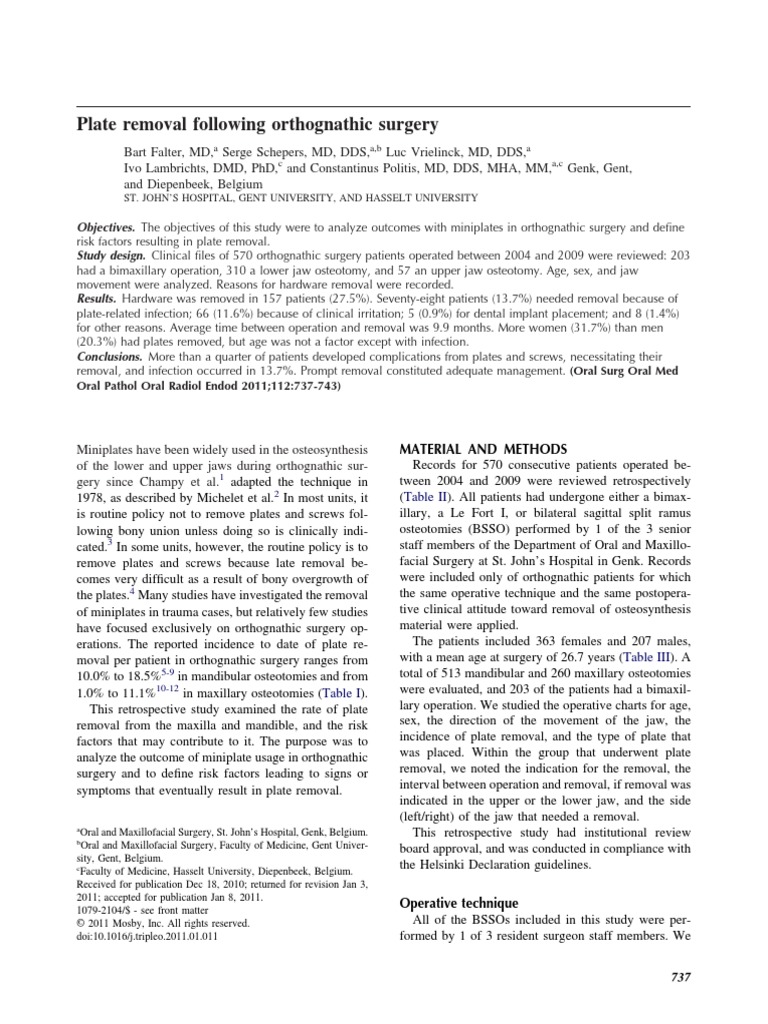 Plate Removal Following Orthognathic Surgery | PDF | Surgery | Dental ...