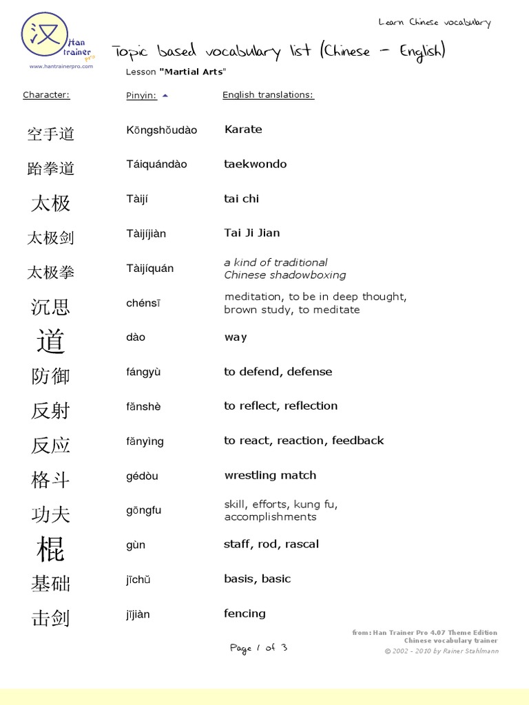 Chinese Vocabulary Martial Arts | PDF | Tai Chi | Chinese Martial Arts