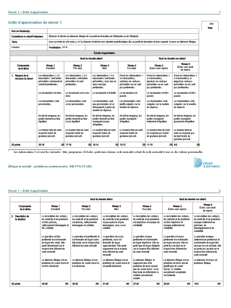 Grille d'évaluation du devoir éthique | PDF