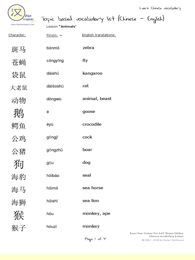 Chinese Vocabulary Animals | PDF | Mammals | Organisms