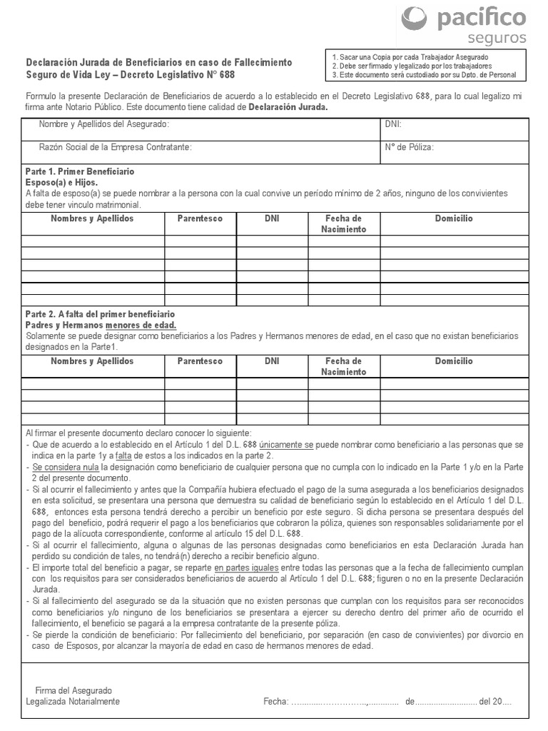 Declaracion Jurada Seguro de Vida Ley | PDF | Póliza de seguros | Seguro